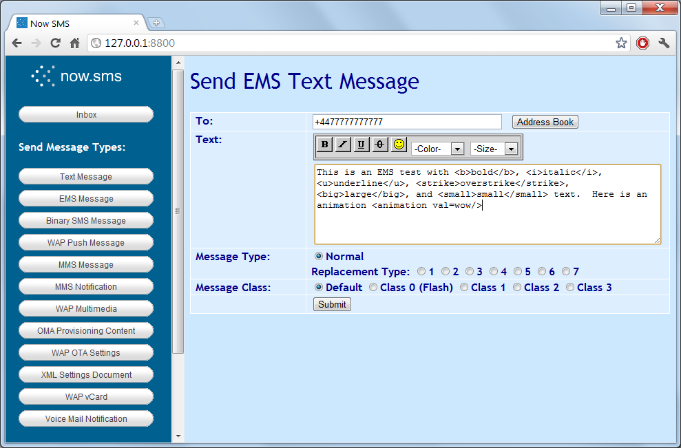 Send EMS Message | NowSMS